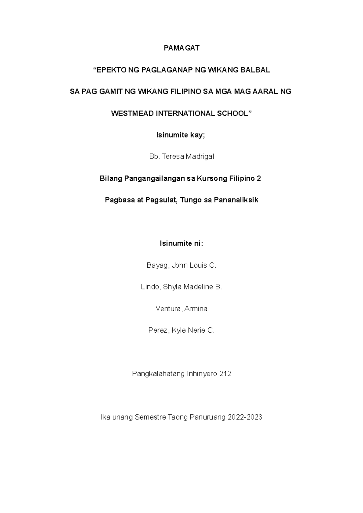 Filipino Research - ,..................... - PAMAGAT “EPEKTO NG ...