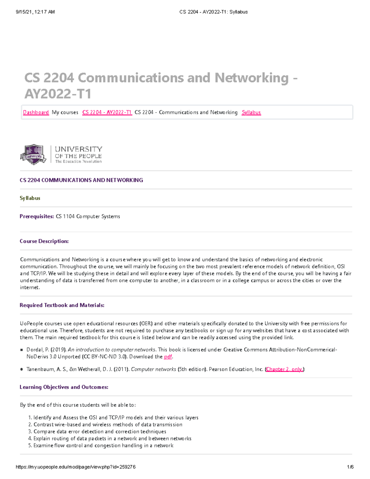CS 2204 - AY2022-T1 Syllabus - CS 2204 Communications and Networking - AY2022-T CS - Studocu