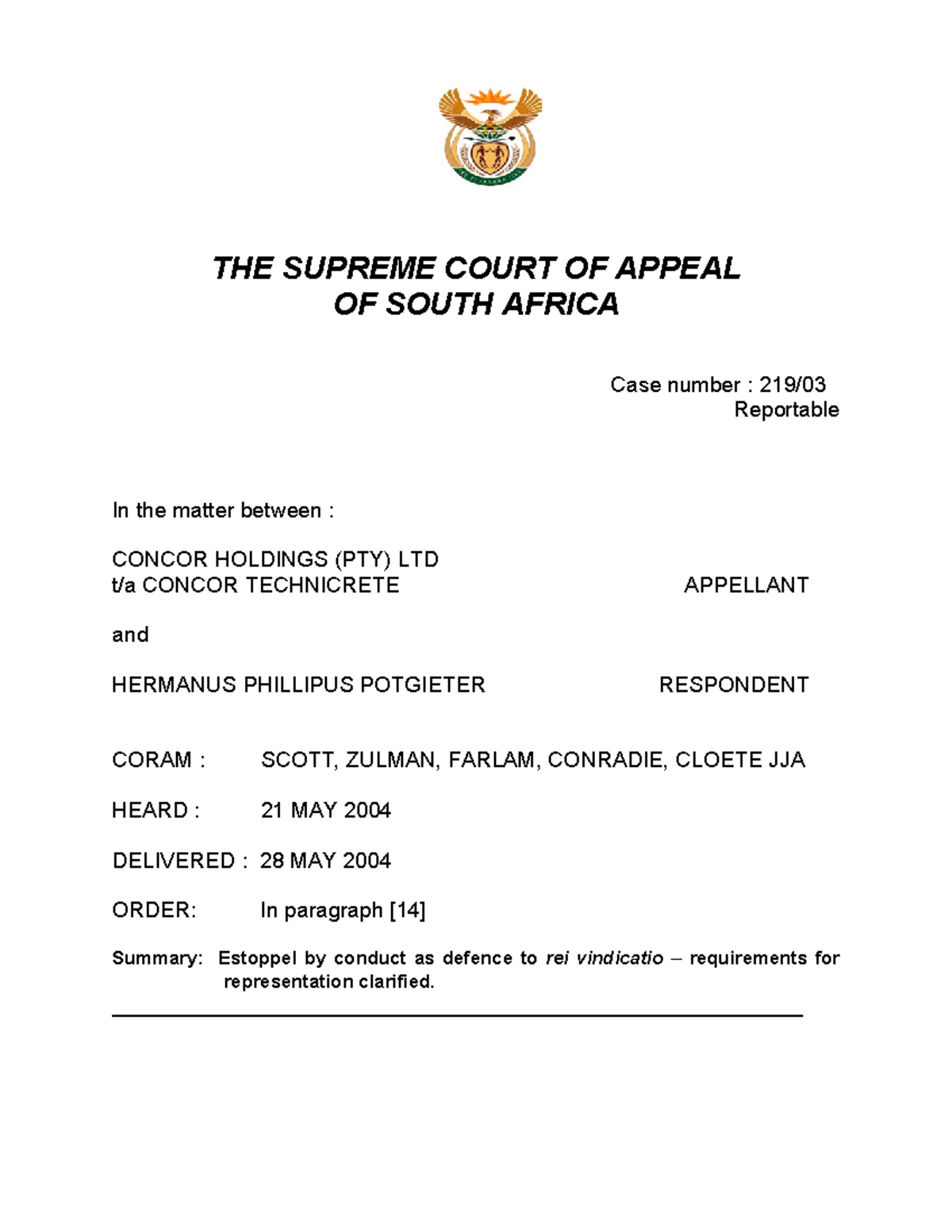 Concor Holdings v Potgieter 2004 SCA - THE SUPREME COURT OF APPEAL OF ...