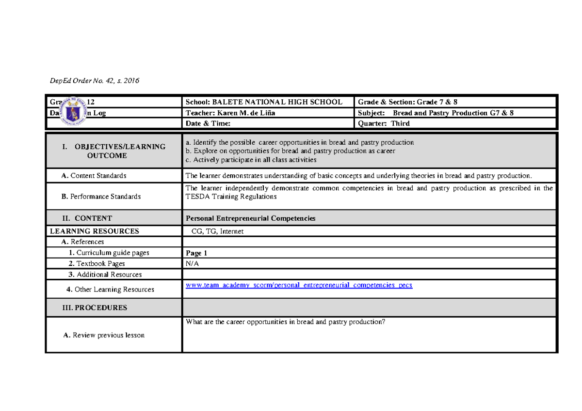 Dll pecs in bread and pastry - DepEd Order No. 42, s. 2016 Grades 1 ...