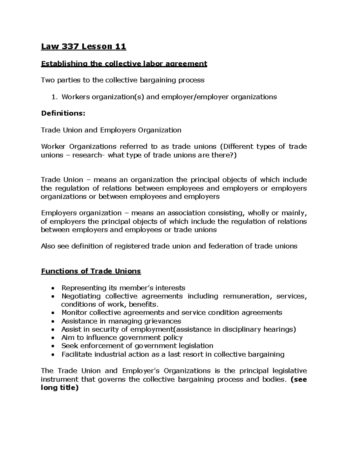 Law 337 Lesson 11 - introduction to labour law - Law 337 Lesson 11 ...