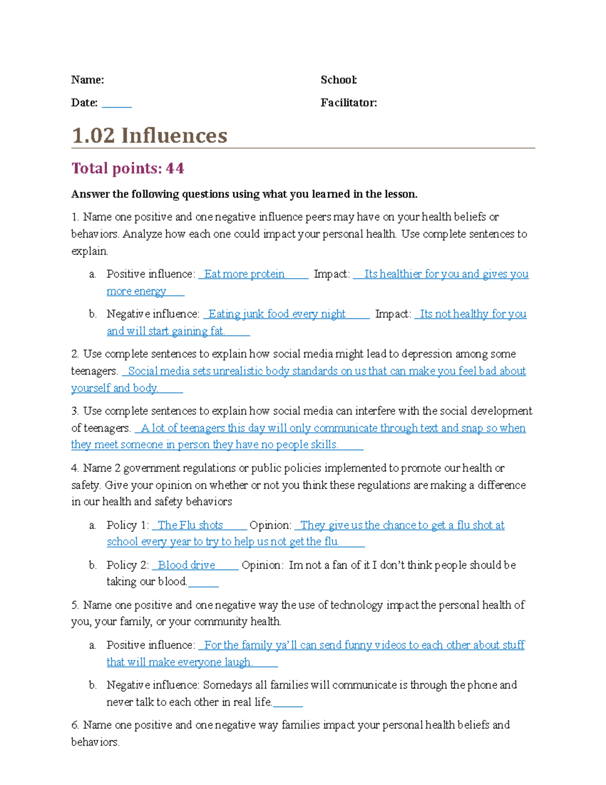 Assignment 1.02 for health class senior year - Name: Date: School ...