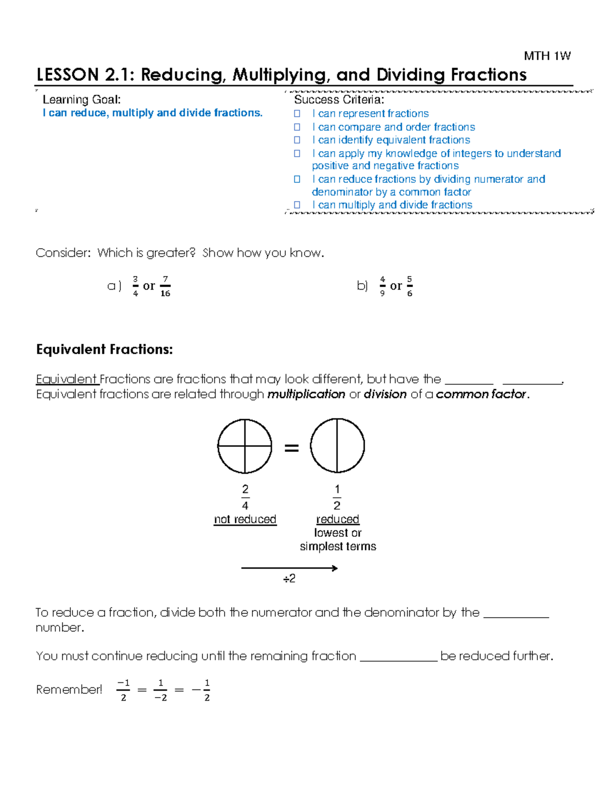 Reducing, Multiplying, and Divinding Fractions - MTH 1W LESSON 2 ...