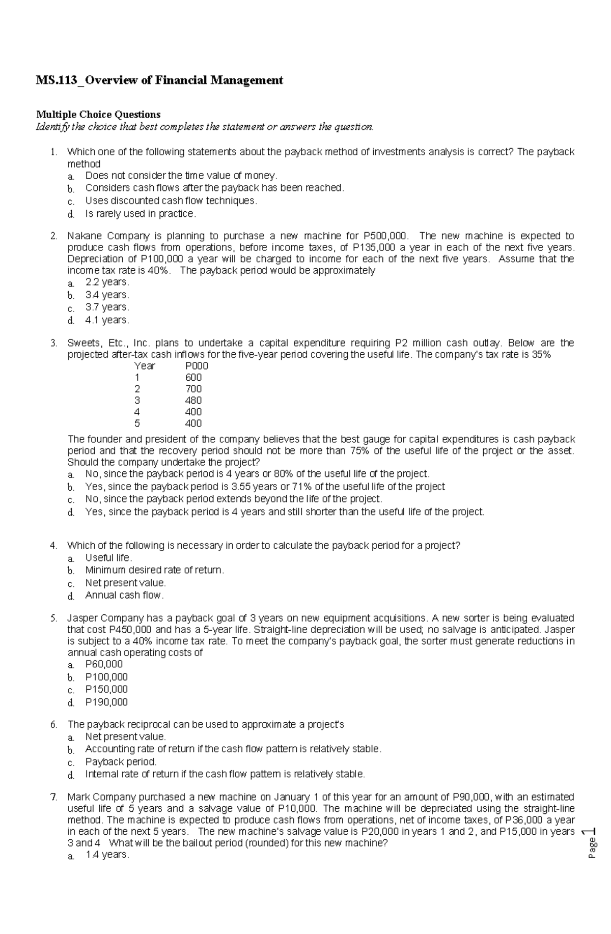 MS.113 Cost of Capital and Other Capital Budgeting Topics - Page 1 MS ...