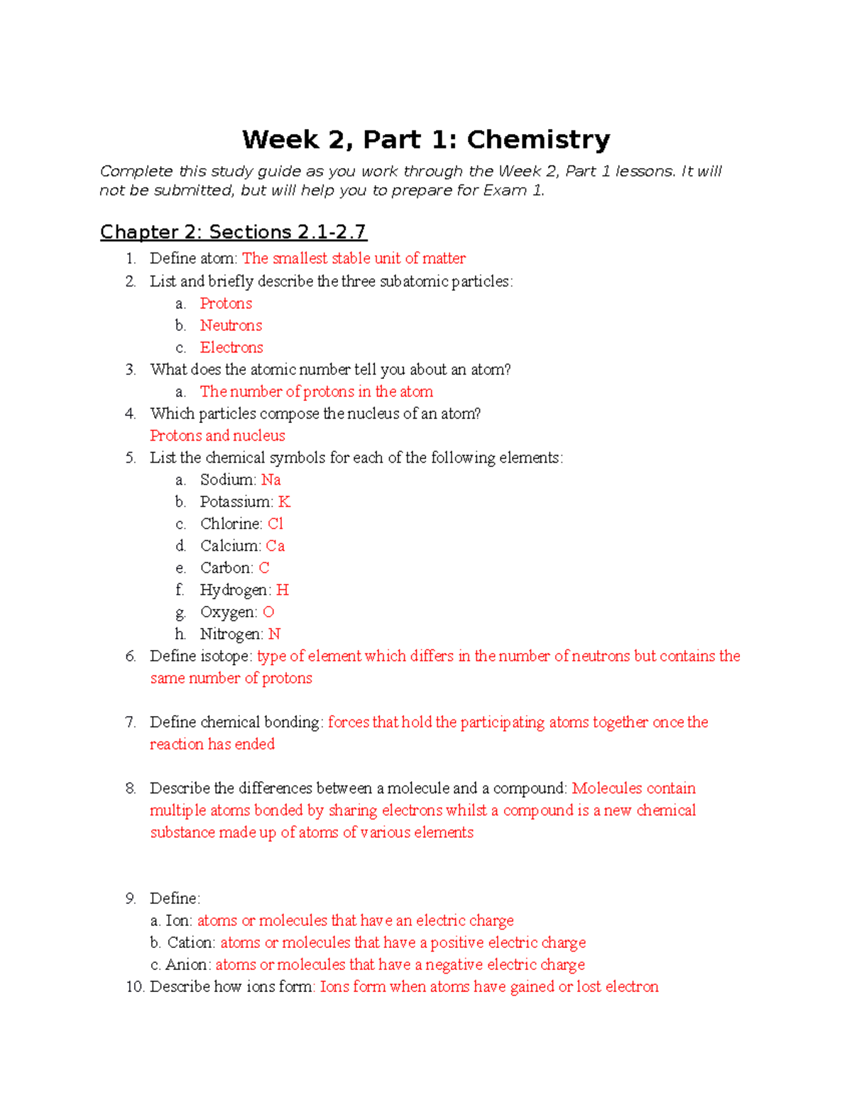 Week 2 Study Guide - Week 2, Part 1: Chemistry Complete this study guide as you work through the ...
