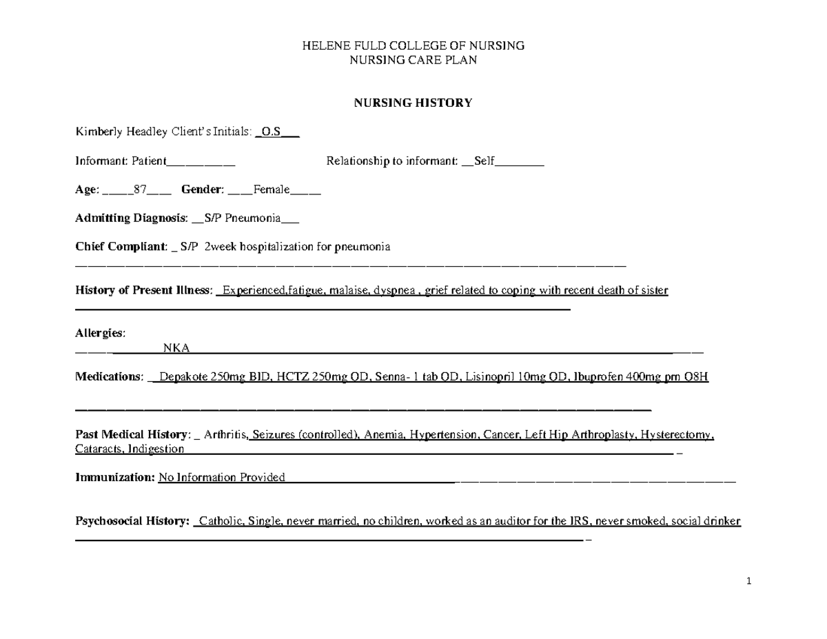 Kim Nursing Care Plan # 1- Geriatrics - NURSING CARE PLAN NURSING ...