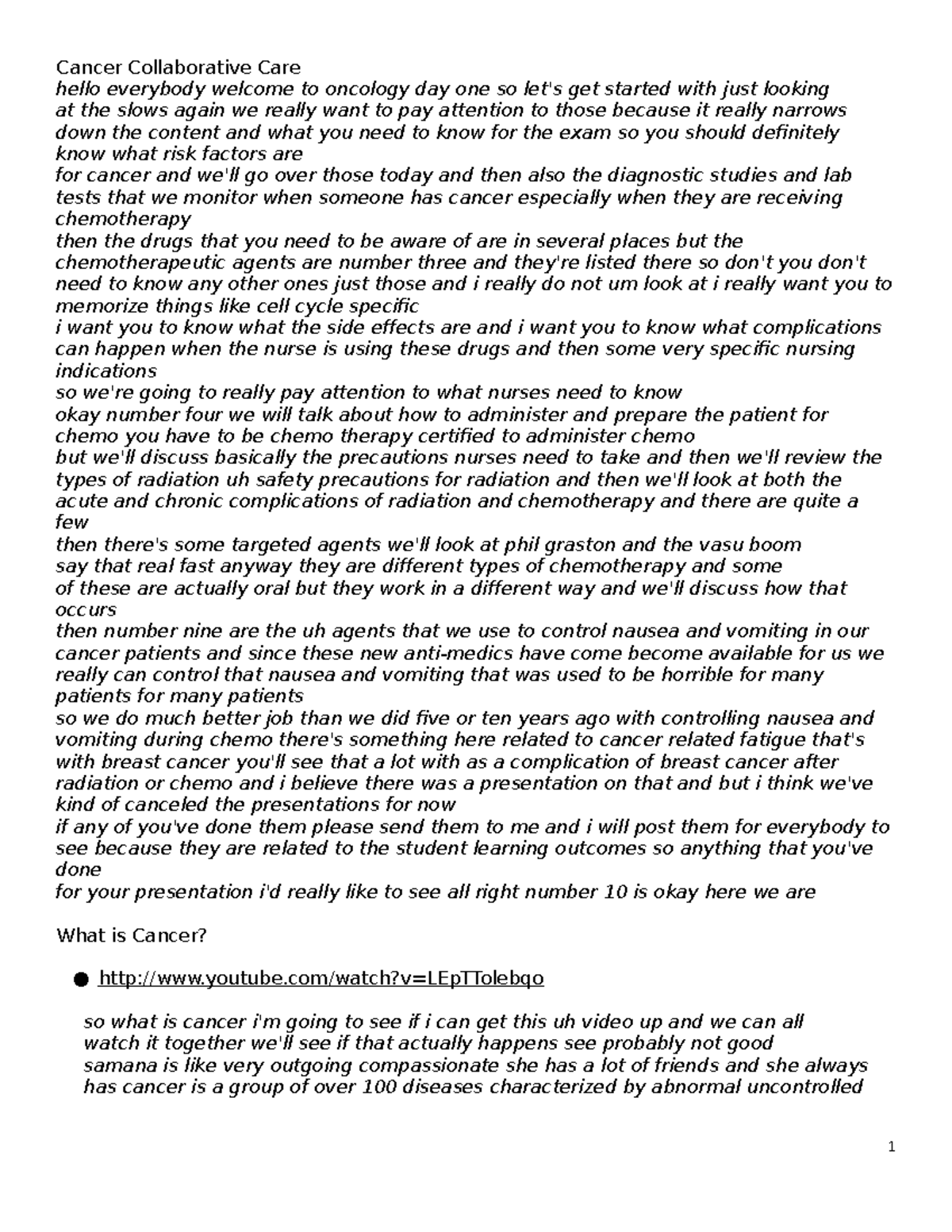 Oncology part 1 lecture notes - Cancer Collaborative Care hello ...