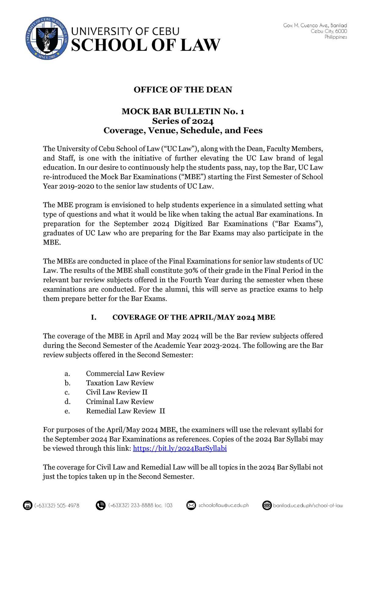 MBE-Bulletin-No - Bulletin - OFFICE OF THE DEAN MOCK BAR BULLETIN No. 1 ...