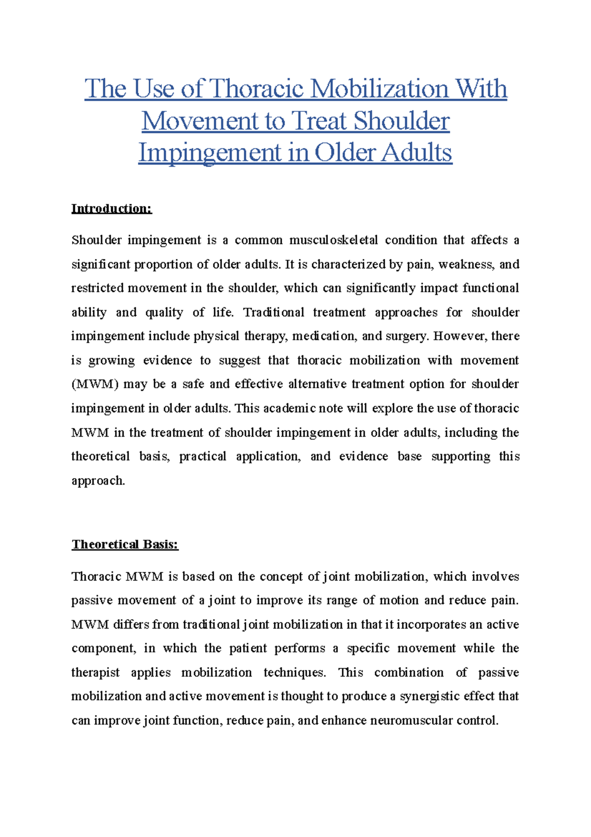 The Use of Thoracic Mobilization With Movement to Treat Shoulder ...