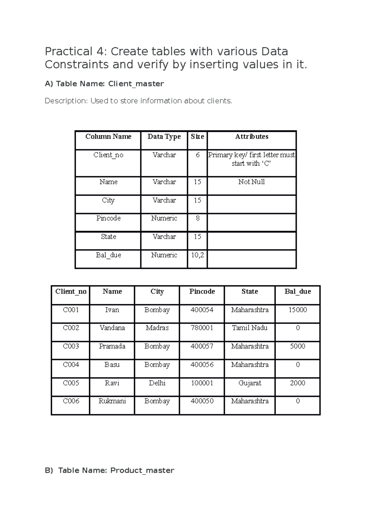 Prac-4 - asdasdadas - Practical 4: Create tables with various Data ...