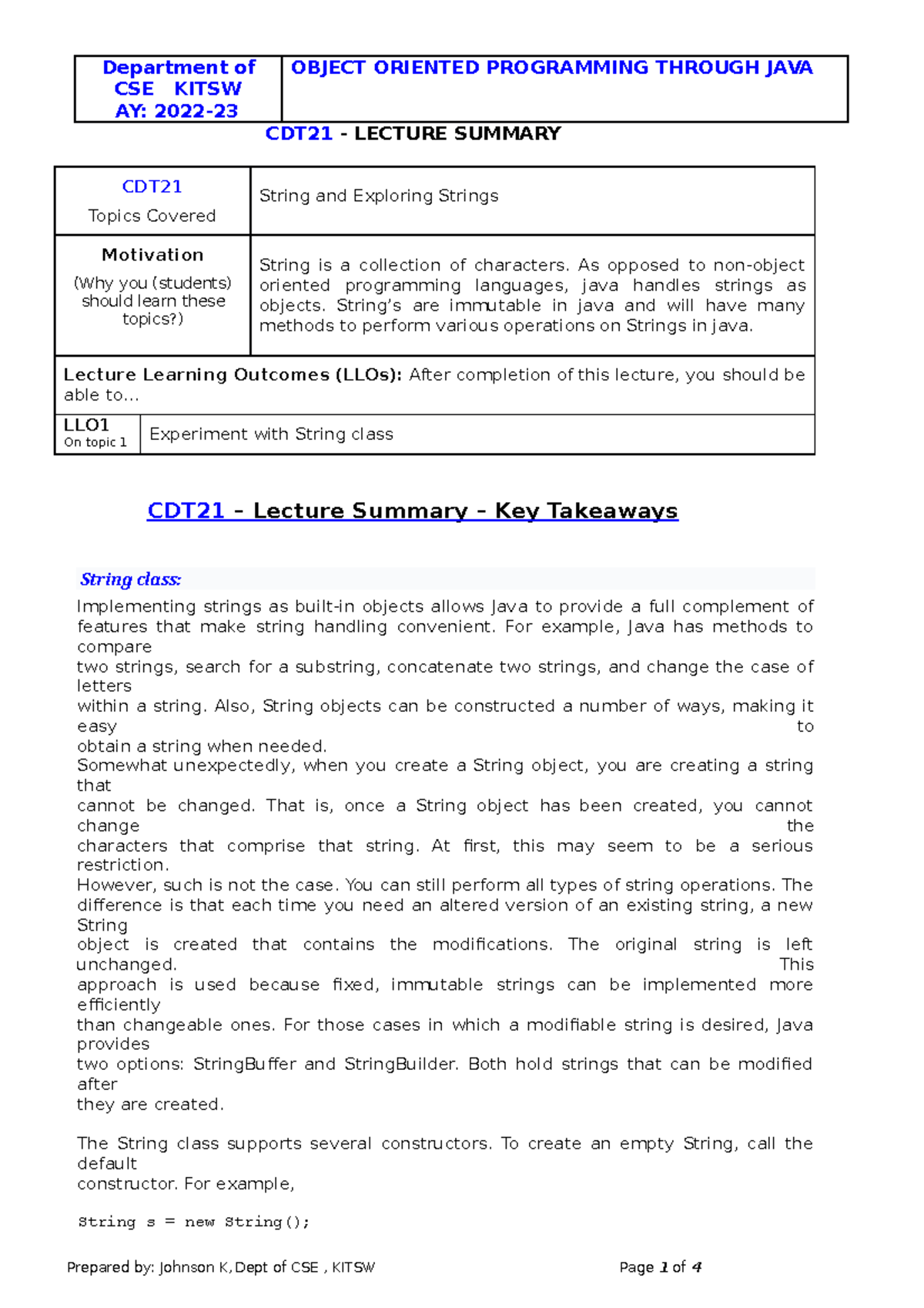 OOPJ CDT21 - Important notes - CSE KITSW AY: 2022- CDT21 - LECTURE ...