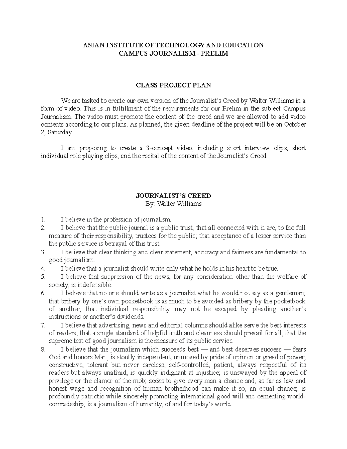 Journalist's Creed-Plans and Assignments - ASIAN INSTITUTE OF ...