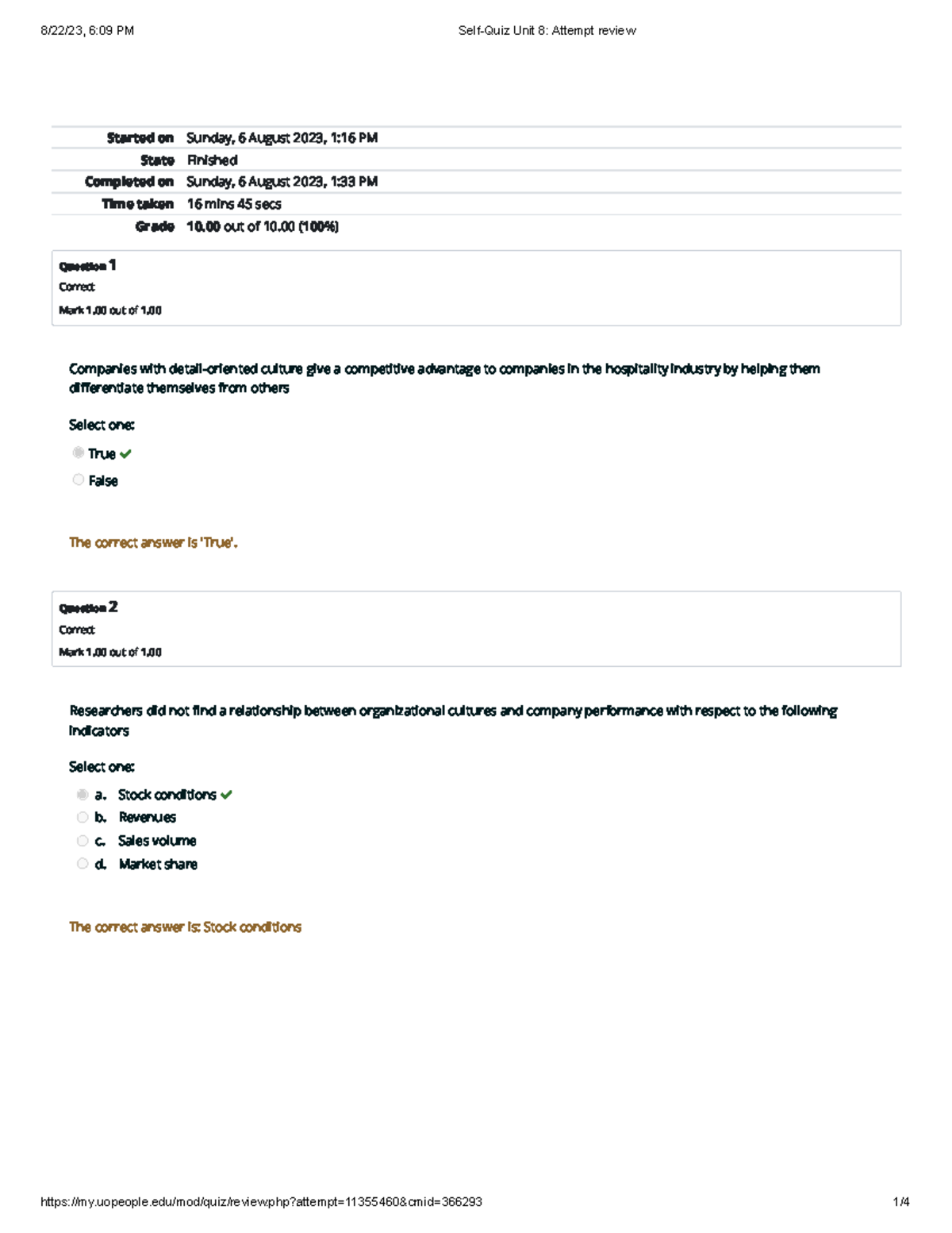 Self Quiz Unit 8 Attempt Review Started On Sunday 6 August 2023 1 16 Pm State Finished