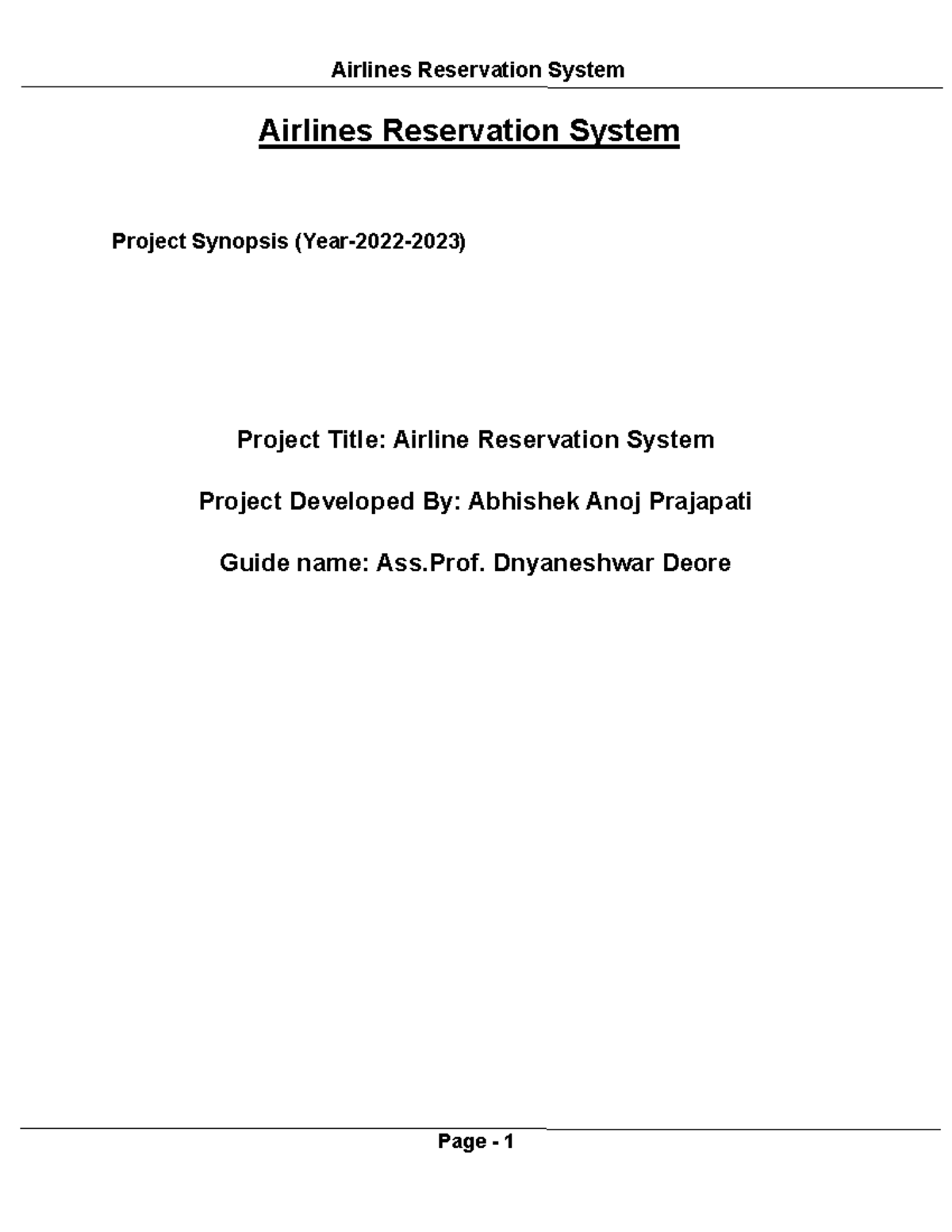 Airline 1 - Airlines Reservation System Project Synopsis (Year-2022 ...