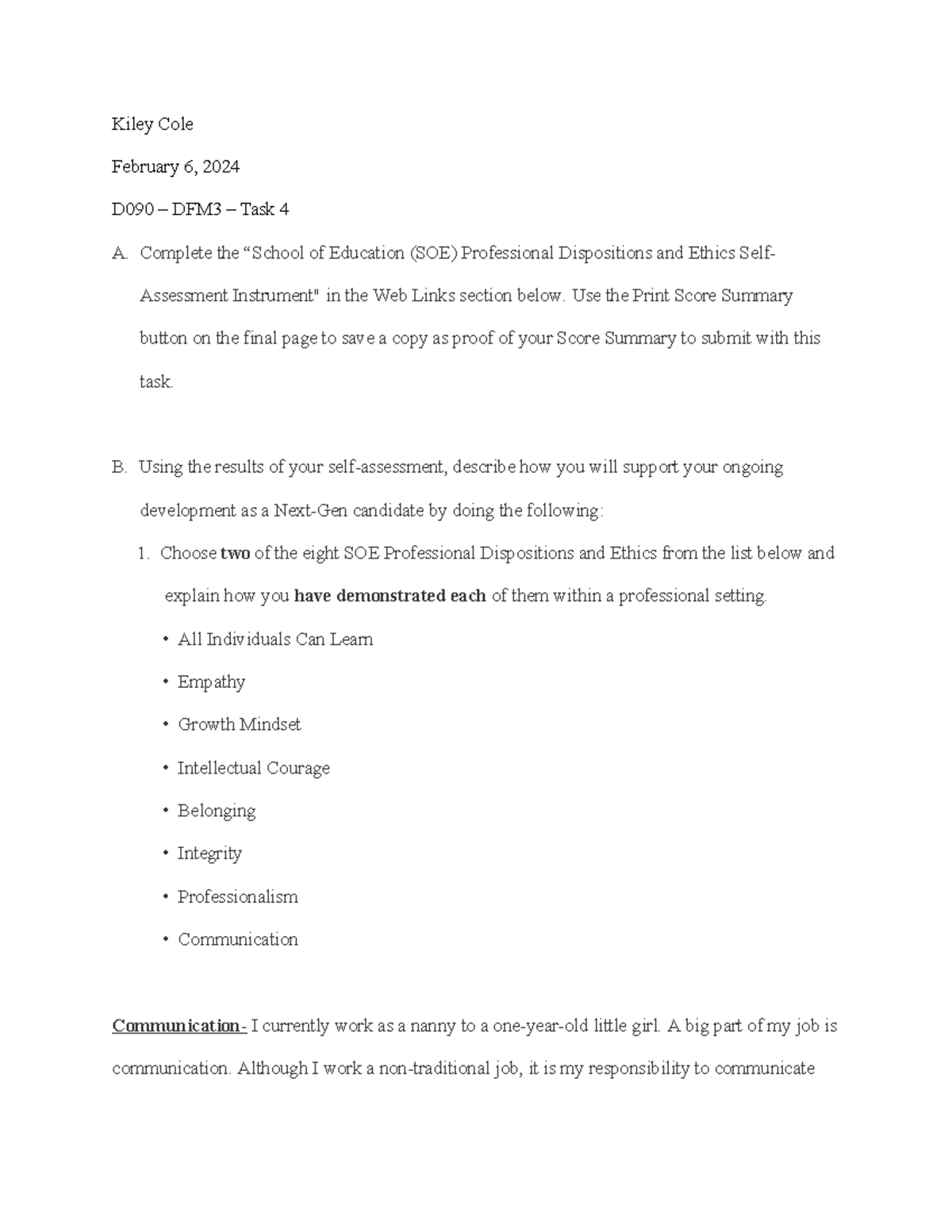 D090 Task 4 - Revised - Kiley Cole February 6, 2024 D090 – DFM3 – Task 4 A. Complete the “School ...