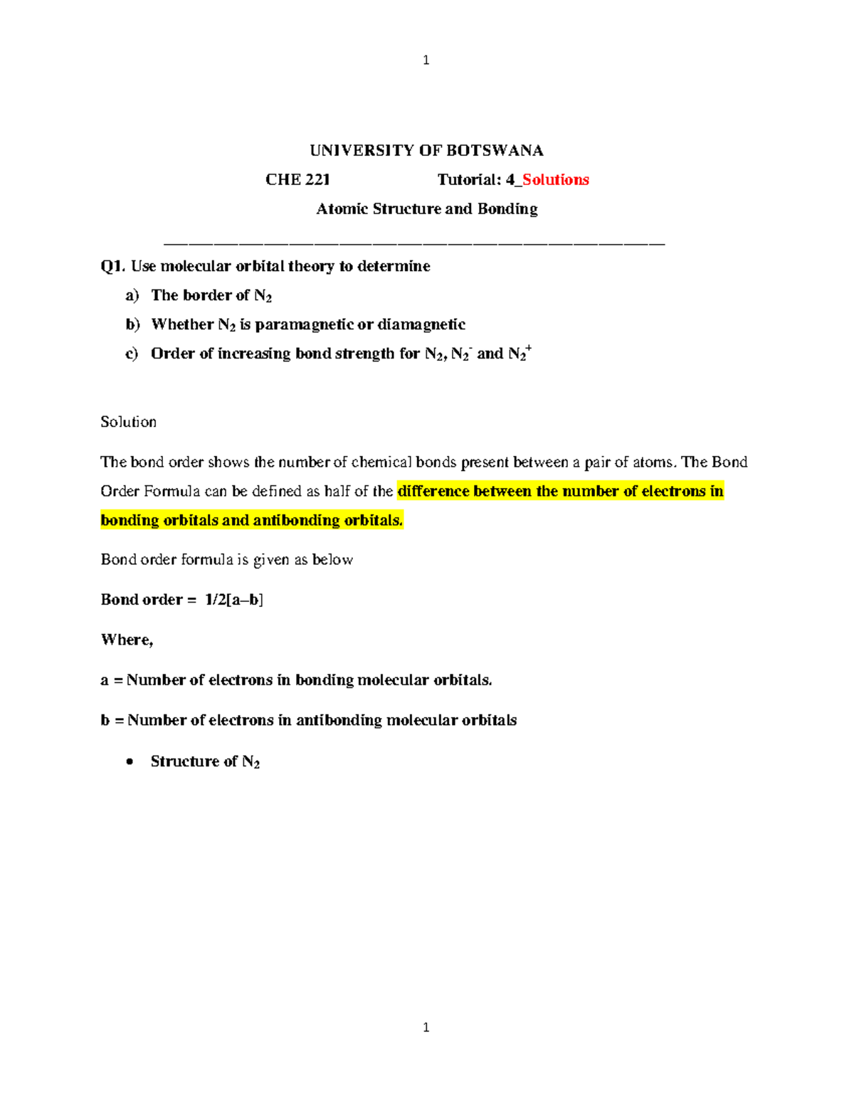 CHE 221 Tutorial 4 answers - UNIVERSITY OF BOTSWANA CHE 221 Tutorial: 4 ...