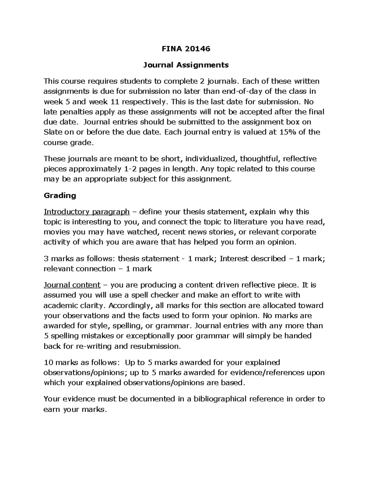 FINA 2014 6 journal assignments - FINA 20146 Journal Assignments This ...