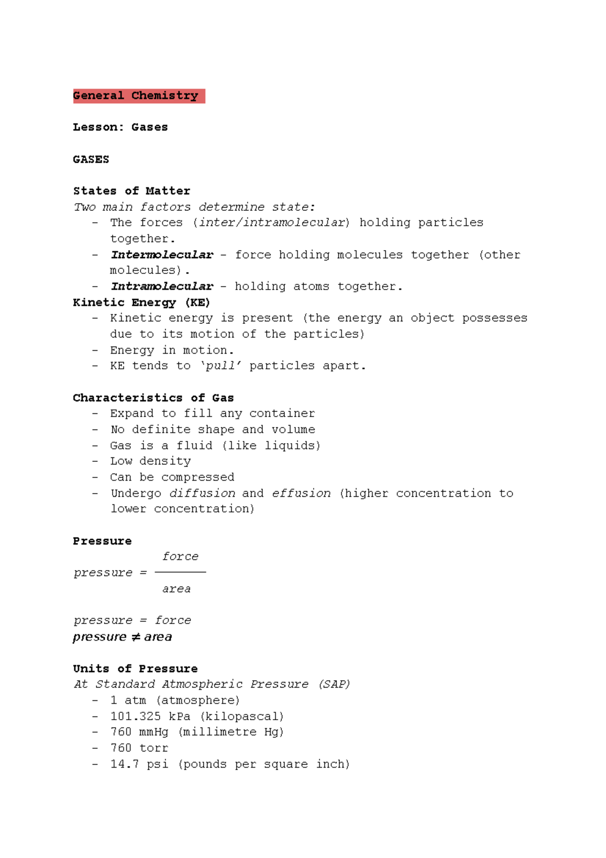 Chemistry-Finals - notes - General Chemistry Lesson: Gases GASES States ...