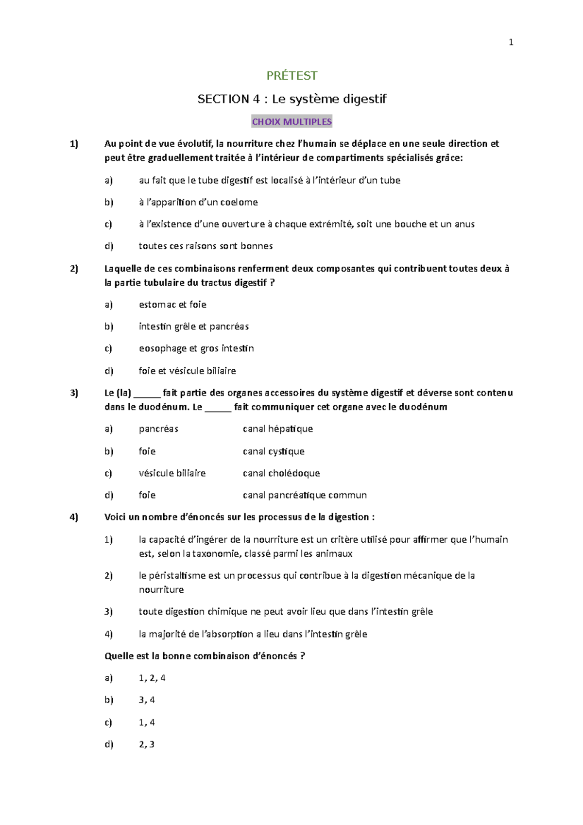 Prétest section 4 - PRÉTEST SECTION 4 : Le système digestif CHOIX ...