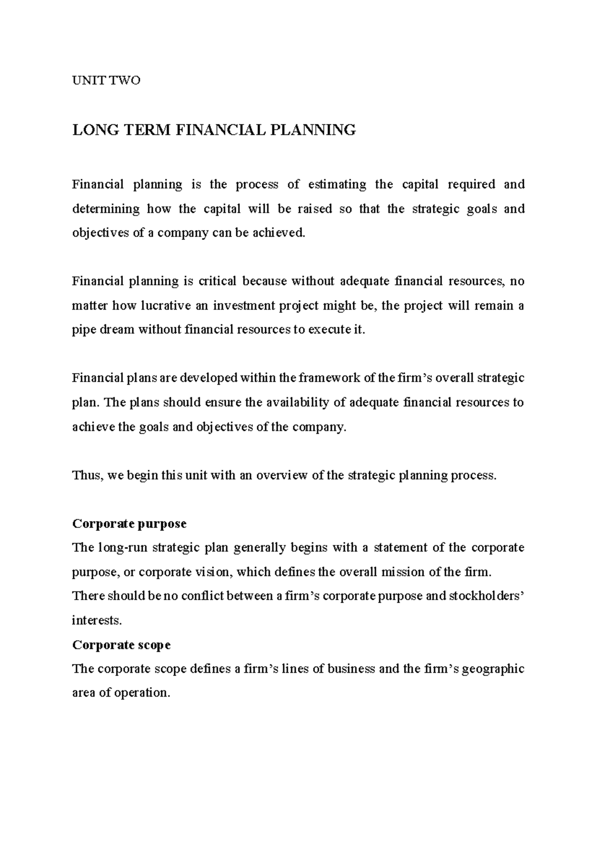 Chapter two notes. Longterm Financial Planning - UNIT TWO LONG TERM ...