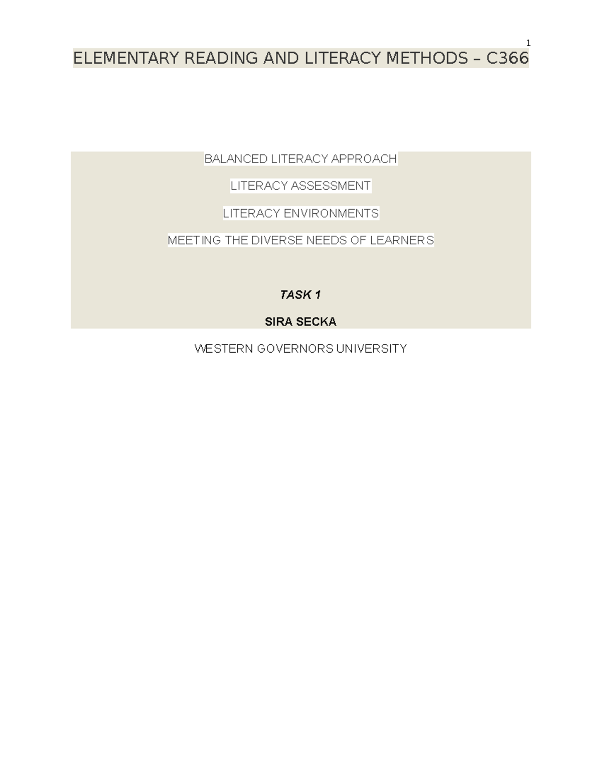 Elementary Reading and Literacy Methods C366 - ELEMENTARY READING AND ...