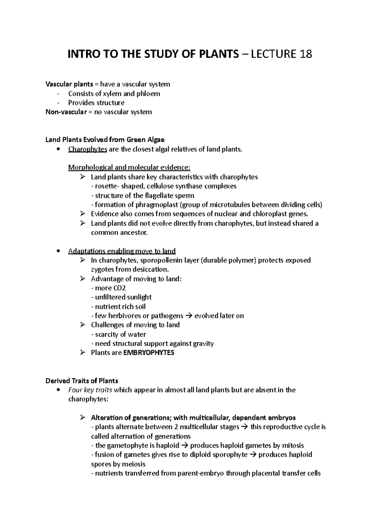 SLE132 notes - INTRO TO THE STUDY OF PLANTS – LECTURE 18 Vascular ...