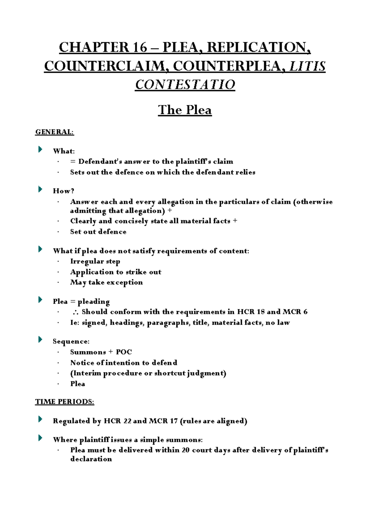 Chapter 16 - Summary Civil Procedure - CHAPTER 16 – PLEA, REPLICATION ...