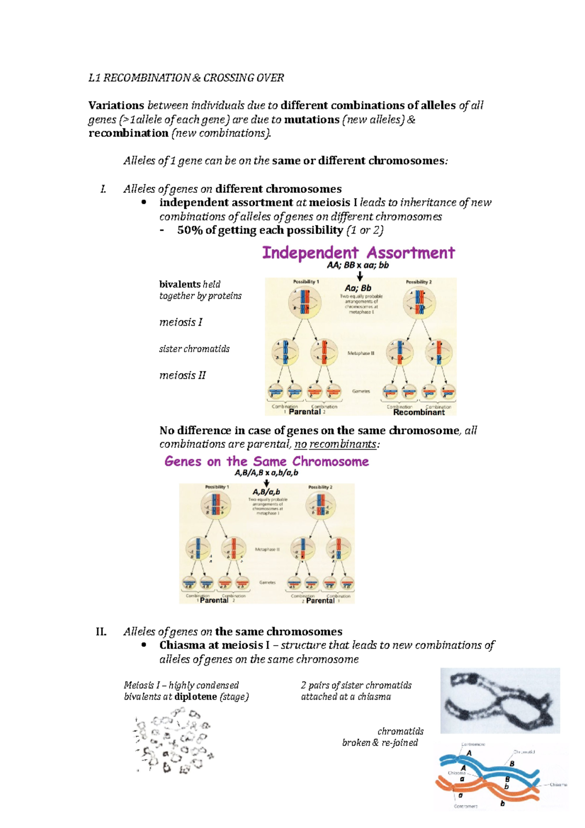 Recombination and Crossing over - L1 RECOMBINATION & CROSSING OVER ...