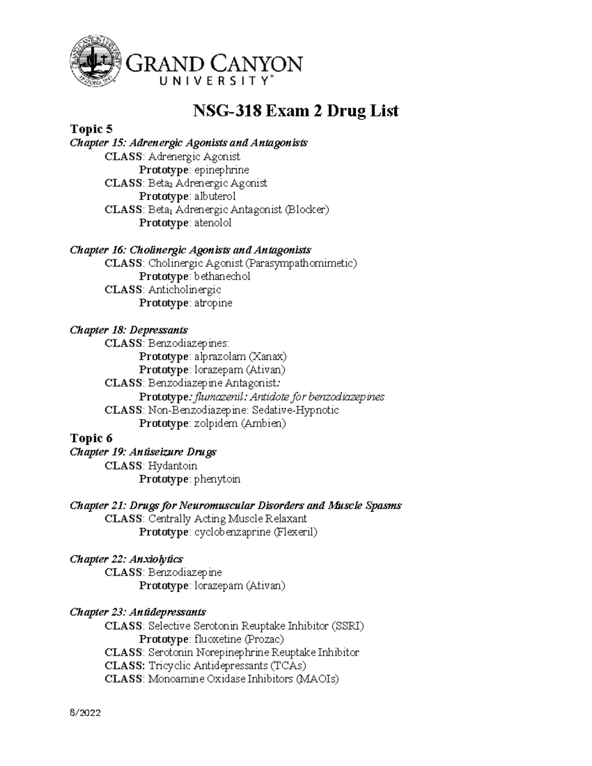 Drug List for Exam #2 - exam drug list - NSG-318 Exam 2 Drug List Topic ...