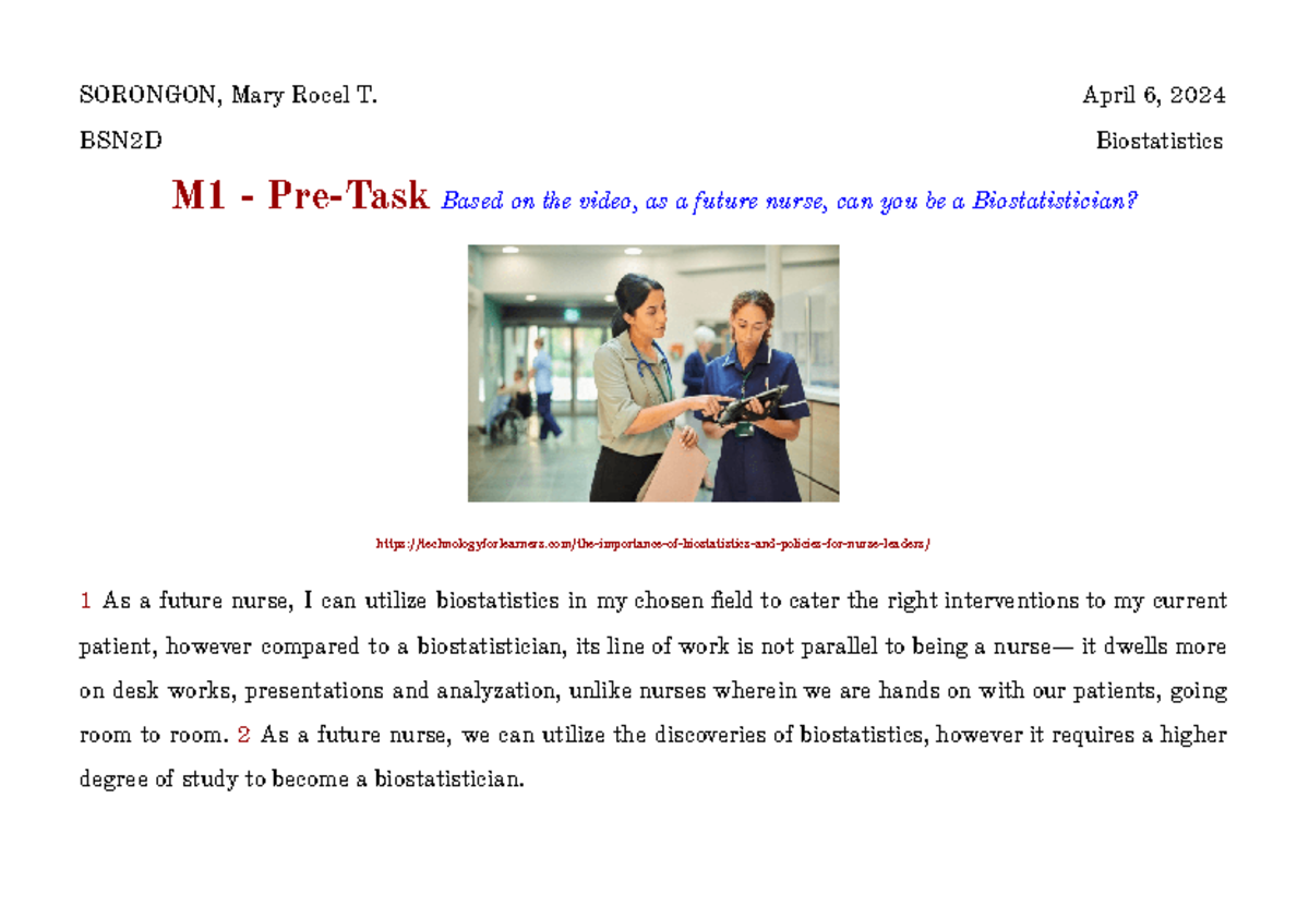 M1 Pre-task Sorongon Biostatistics - SORONGON, Mary Rocel T. April 6, 2024 BSN2D Biostatistics ...