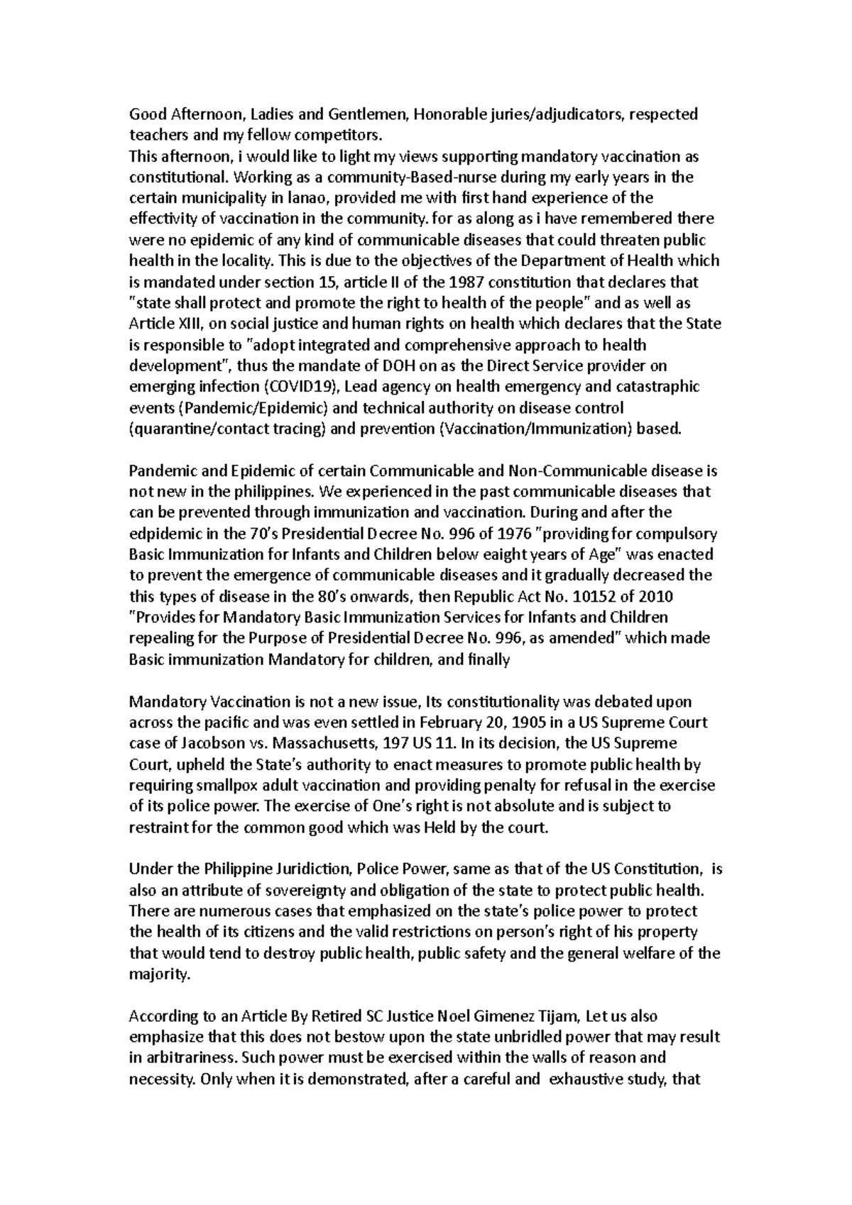 Mandatory Vaccination Debate - Good Afternoon, Ladies and Gentlemen ...