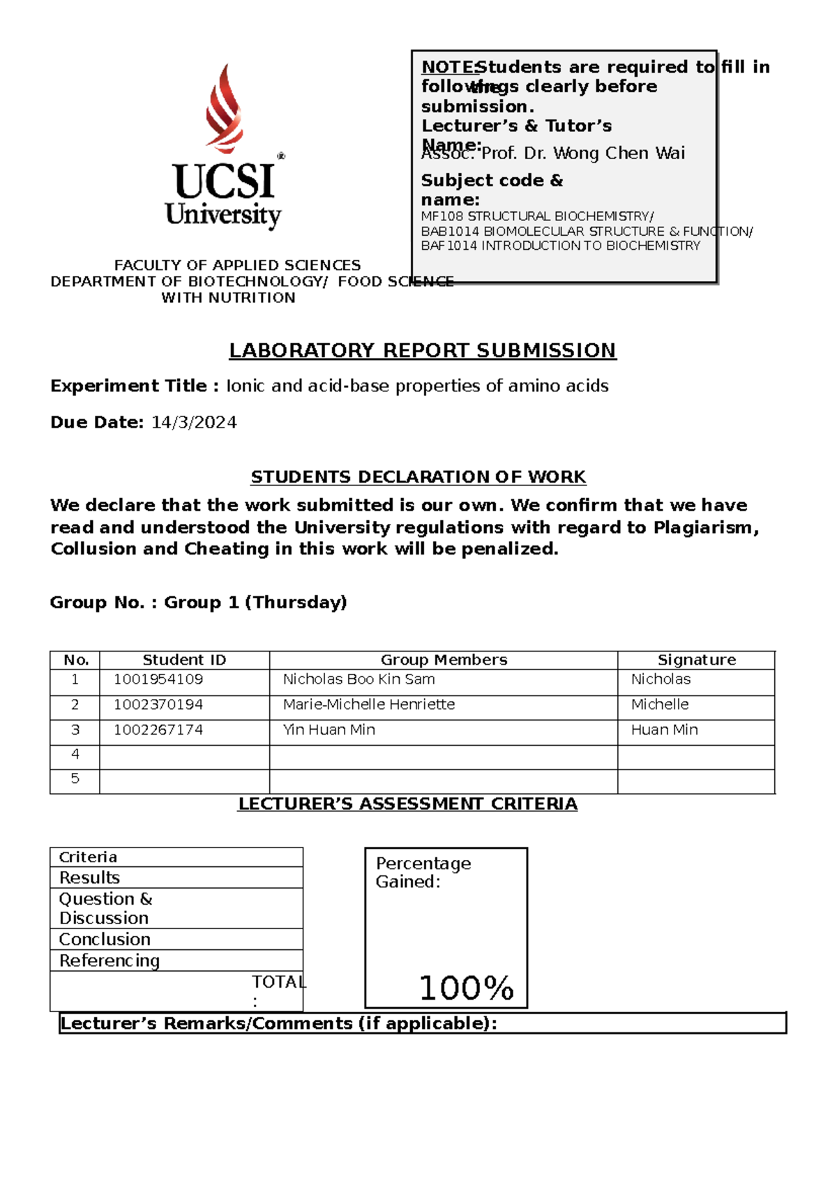 Structural Biochemistry (Lab 3- Ionic and acid-base properties of amino ...
