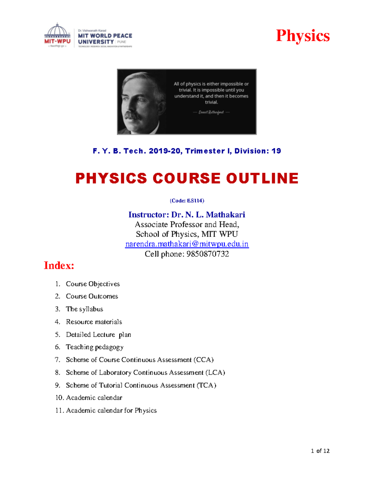 Div 19 Physics Course Outline - F. Y. B. Tech. 2019- 20 , Trimester I ...
