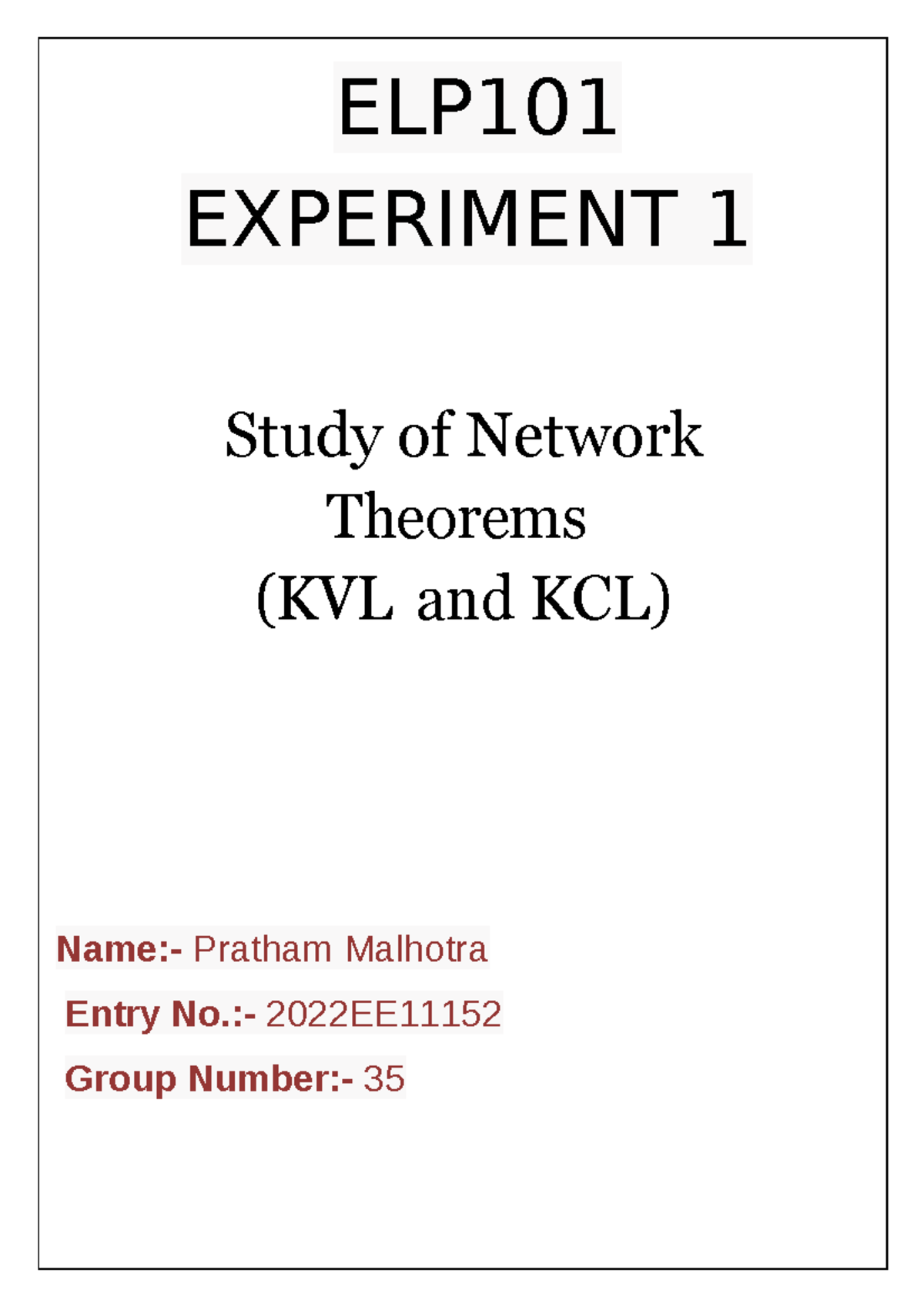 ELP101 Experiment 1 - dfnd df - ELP EXPERIMENT 1 Study of Network Theorems (KVL and KCL) Name ...