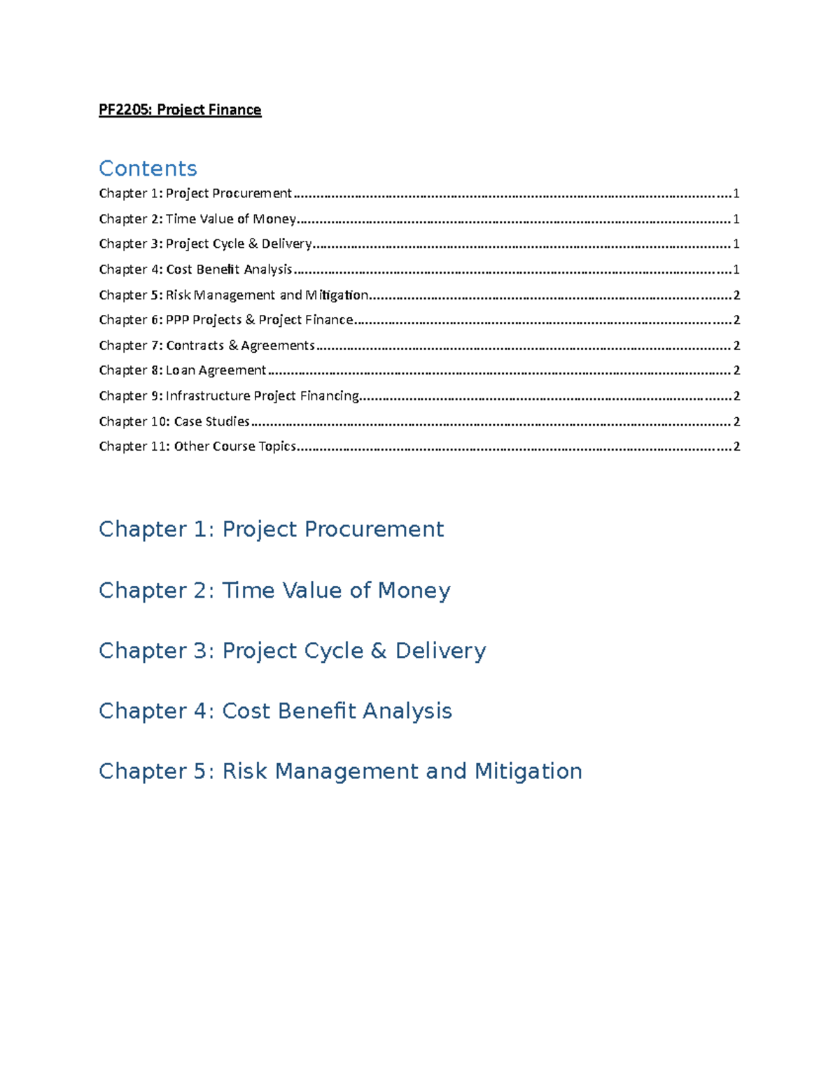 PF2205 Notes - PF2205: Project Finance Contents Chapter 1: Project ...
