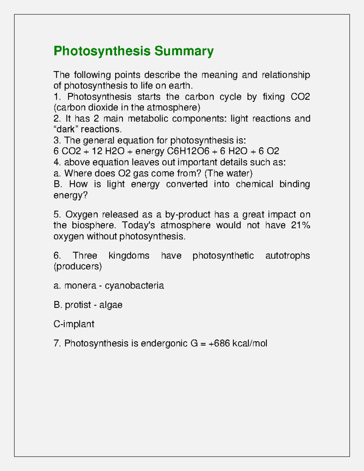 Photosynthesis summary - Photosynthesis Summary The following points ...