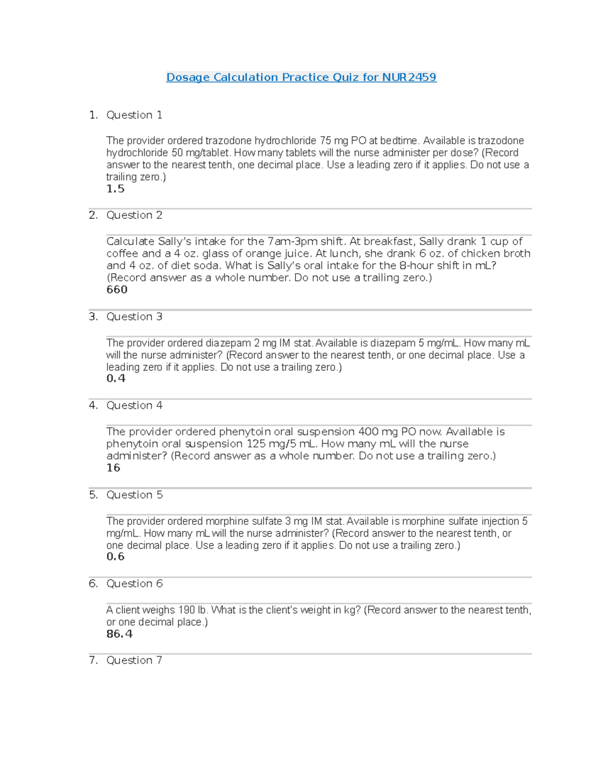 Dosage Calculation Practice Quiz For NUR 2459 Dosage Calculation