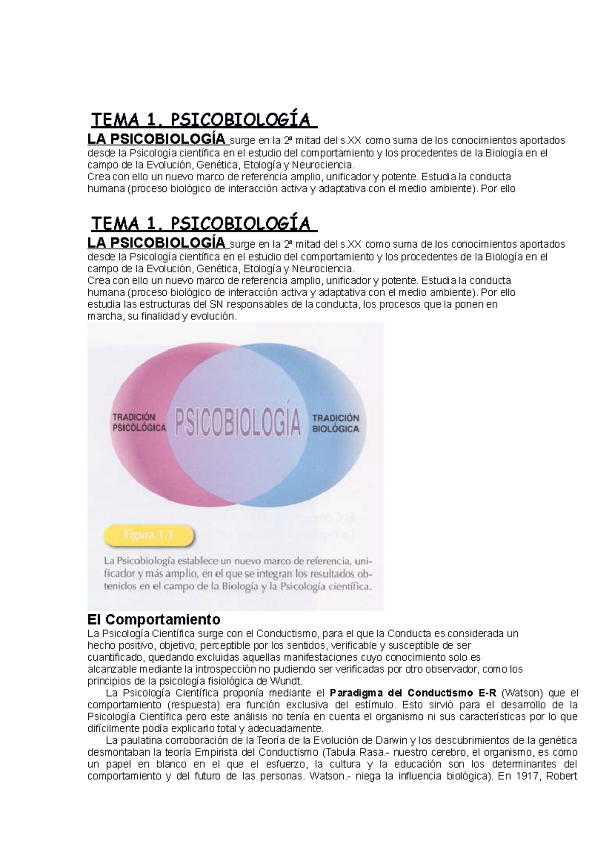Tema 1. Psicobiología - TEMA 1. PSICOBIOLOGÍA LA PSICOBIOLOGÍA surge en ...