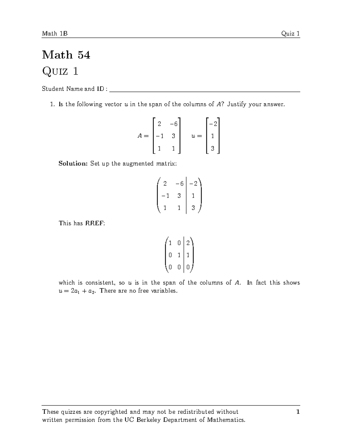 Section Quiz 1 - Solutions - Math 1B Quiz 1 Math 54 Quiz 1 Student Name ...