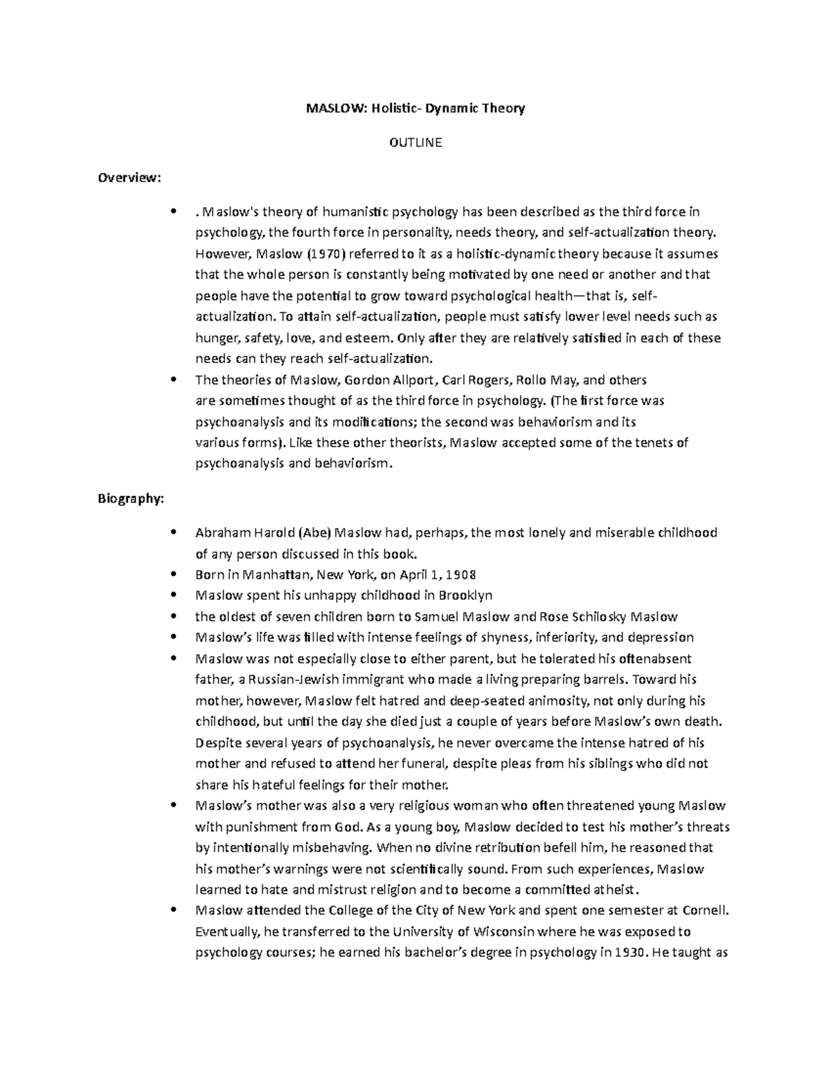 Maslow outlione - MASLOW: Holistic- Dynamic Theory OUTLINE Overview ...