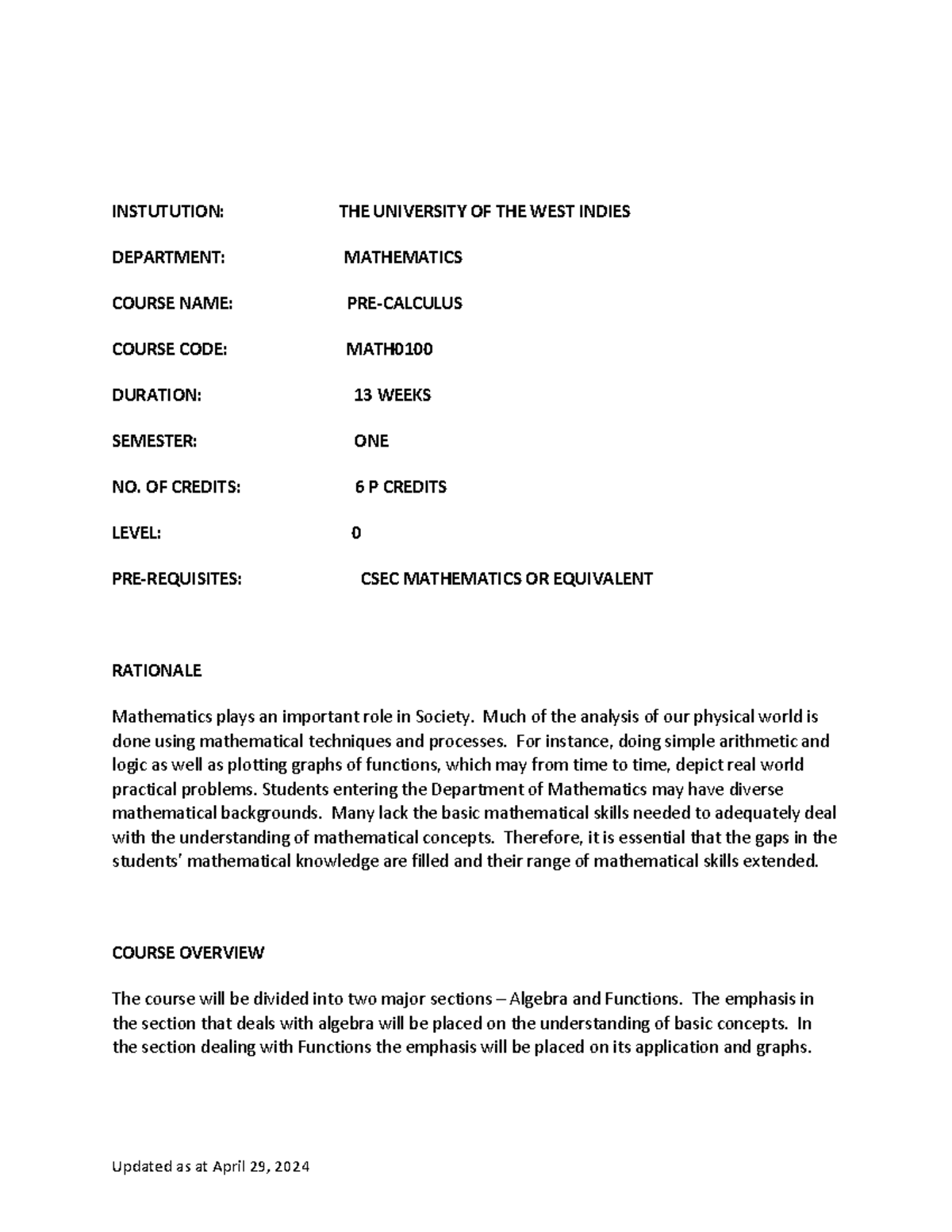 MATH0100-Outline - course syllabus for pre-calculus - INSTUTUTION: THE ...