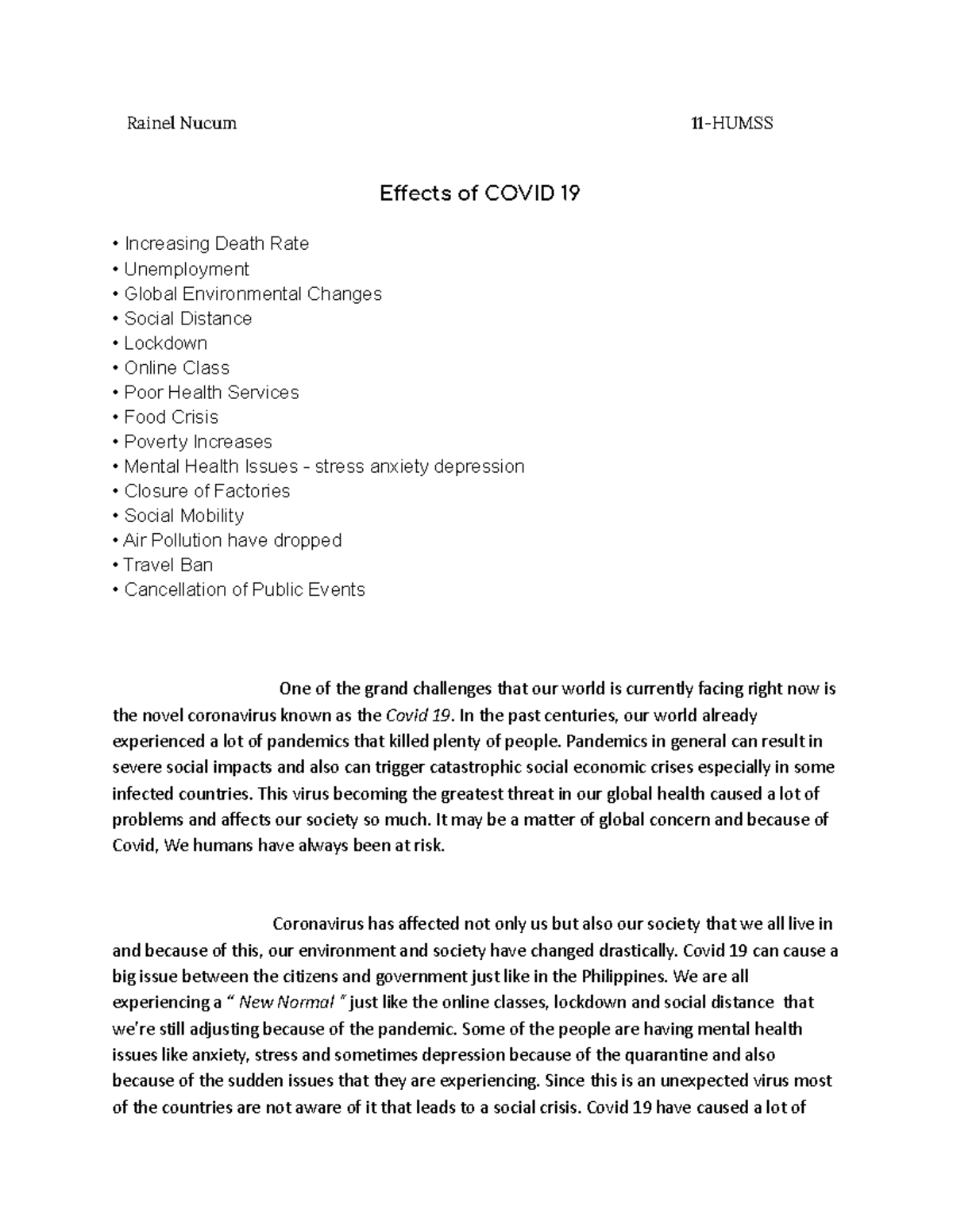 Covid 19 - Essay - Rainel Nucum 11-HUMSS Effects of COVID 19 ...