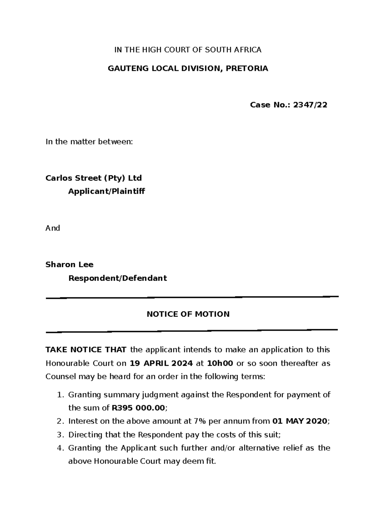 Exercise - Summary Judgment - IN THE HIGH COURT OF SOUTH AFRICA GAUTENG ...