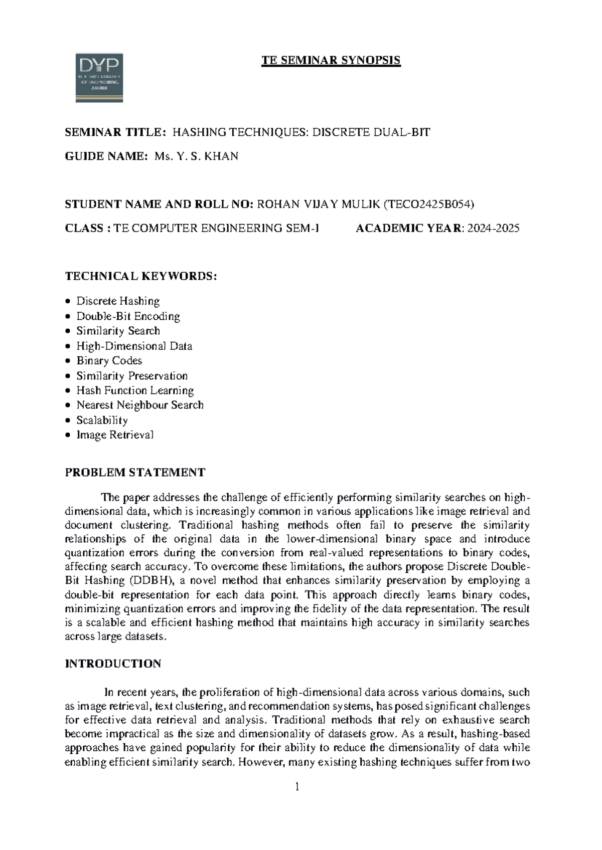 TE Seminar Synopsis B054 - TE SEMINAR SYNOPSIS SEMINAR TITLE: HASHING ...