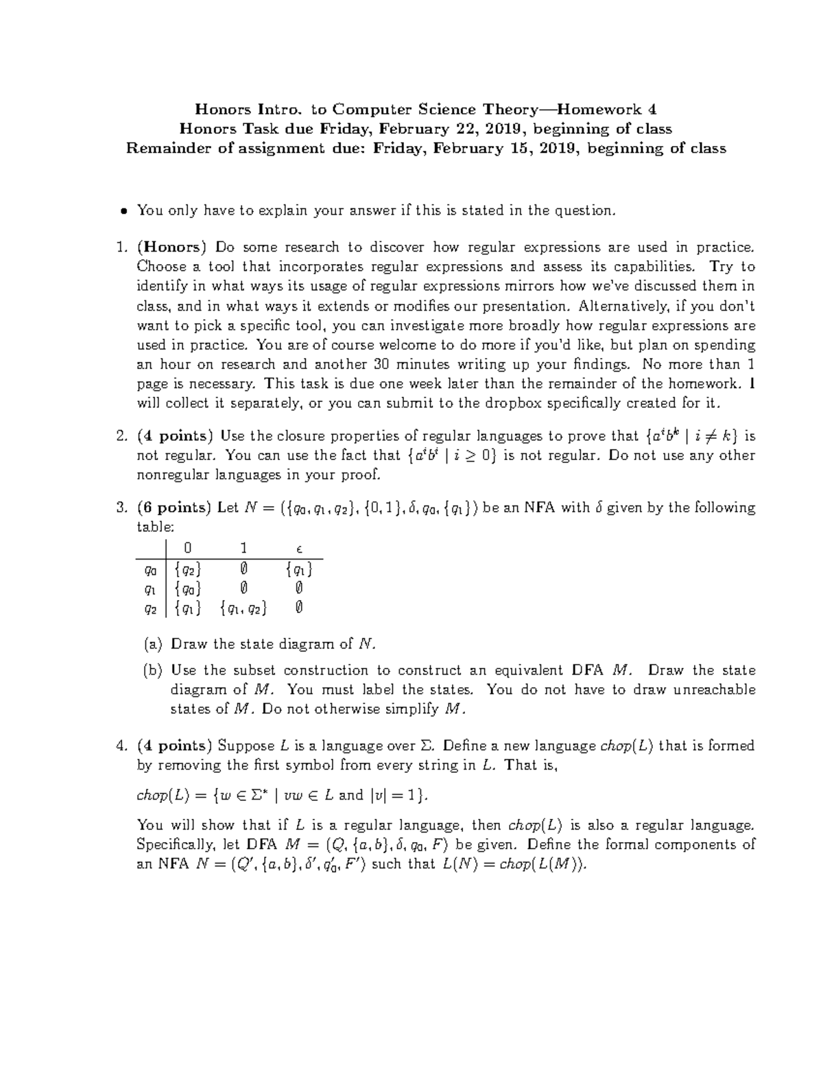 Homework 4 - HW 4 - Honors Intro. to Computer Science Theory—Homework 4 ... Homework 4 - HW 4 - Honors Intro. to Computer Science Theory—Homework 4 ...