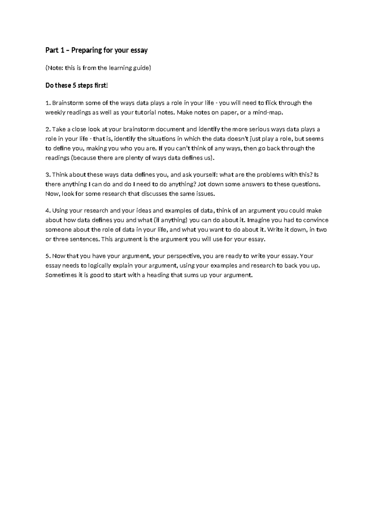 Major essay guidelines part1 v1 - Part 1 – Preparing for your essay ...