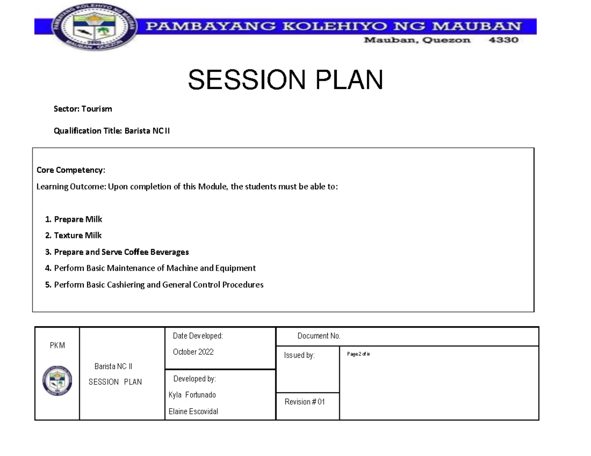 Sesionplan kylaelain 10 - PKM Barista NC II SESSION PLAN Date Developed ...