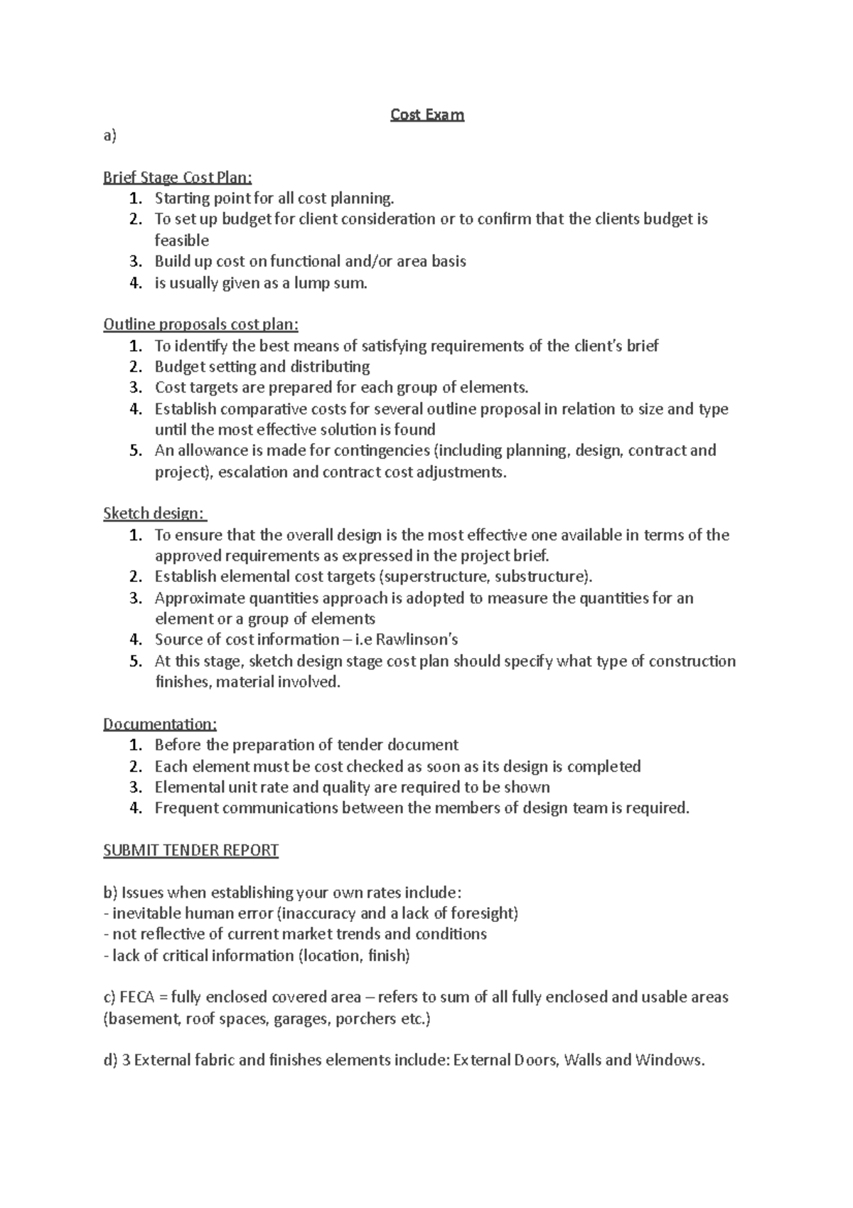 Cost-3-Notes - Lecture notes 1-10 - a) Cost Exam Brief Stage Cost Plan ...