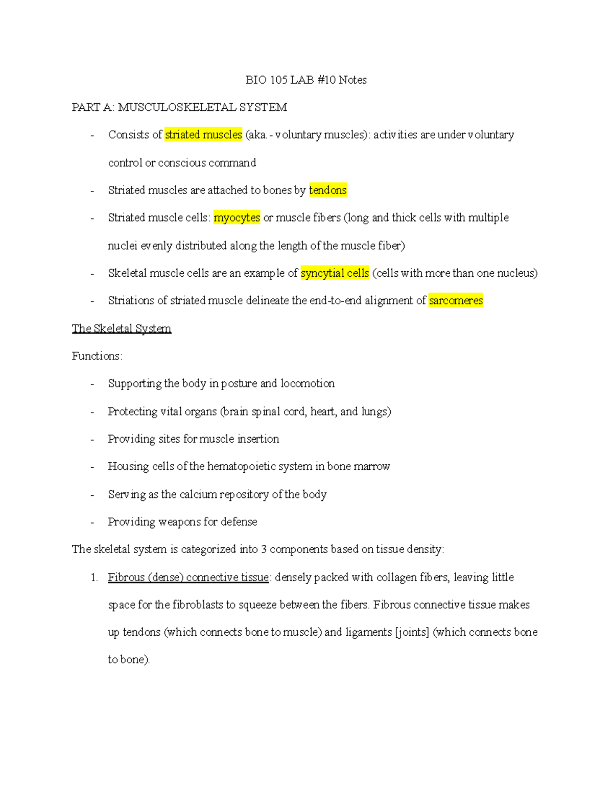 BIOL 105 LAB 10 NOTES - BIO 105 LAB #10 Notes PART A: MUSCULOSKELETAL ...
