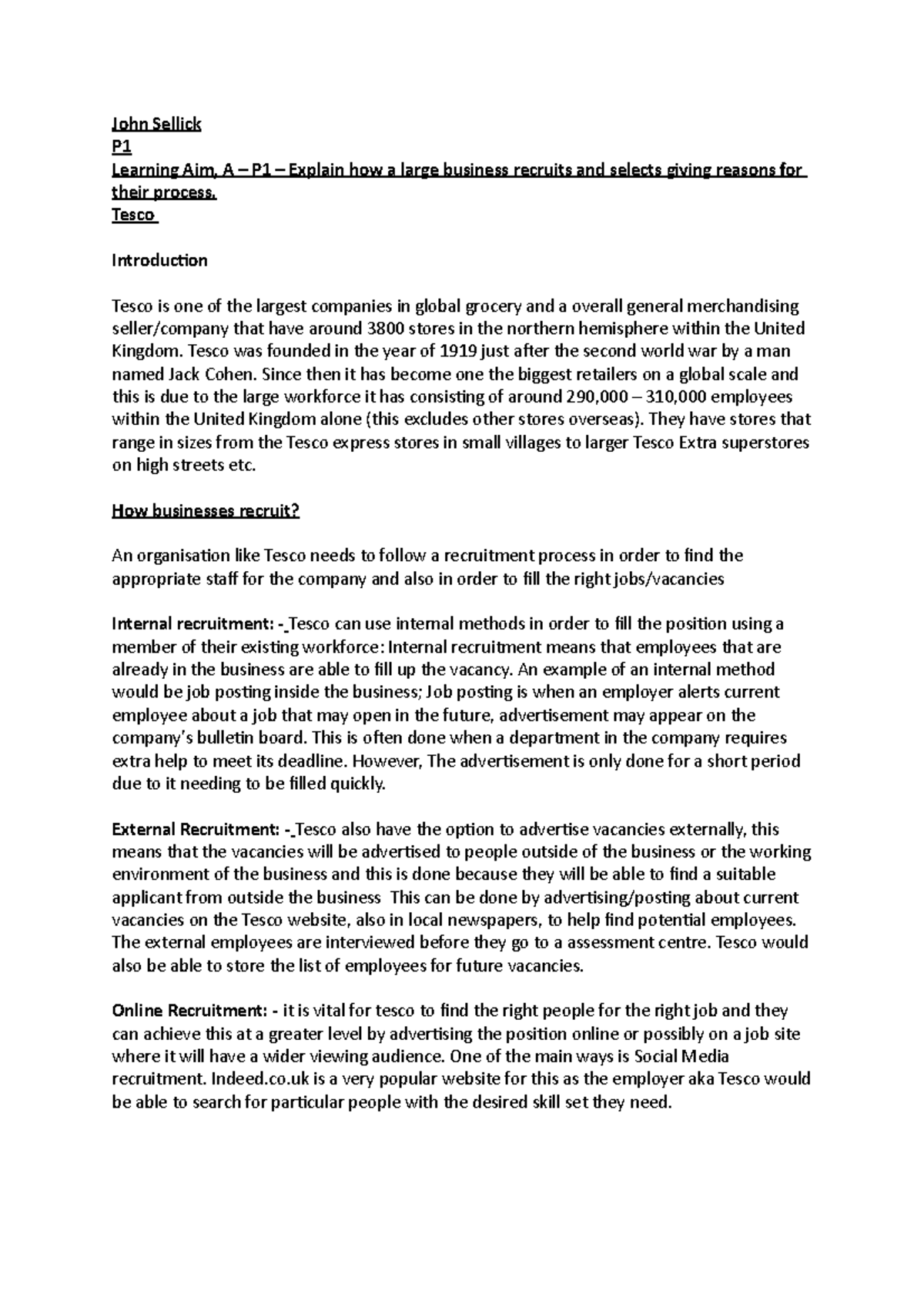 P1 - learning aim a updated - John Sellick P Learning Aim, A – P1 ...